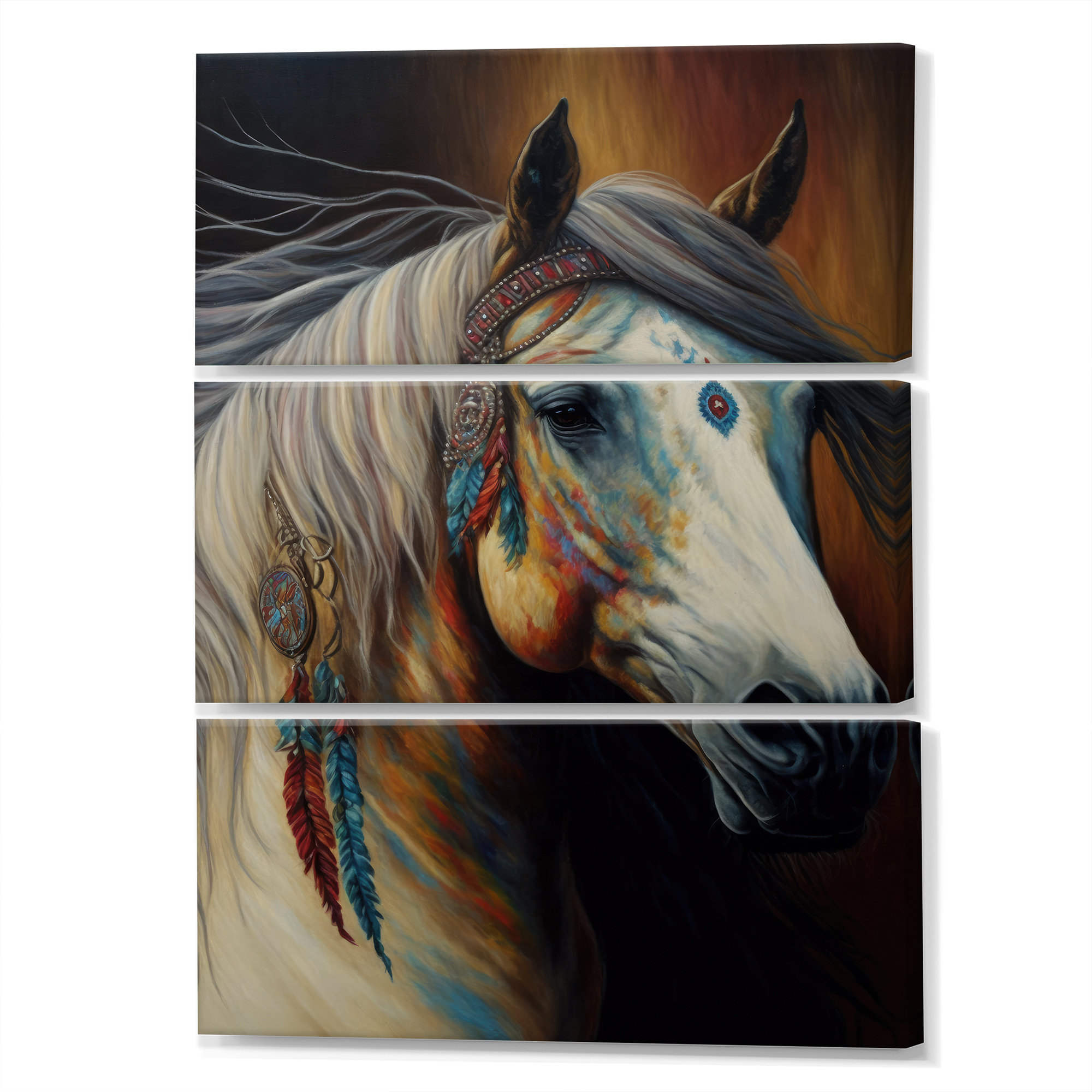 Hokku Designs Eleck Amerindian Horse With Feathers VI On Canvas 3 Pieces Print | Wayfair